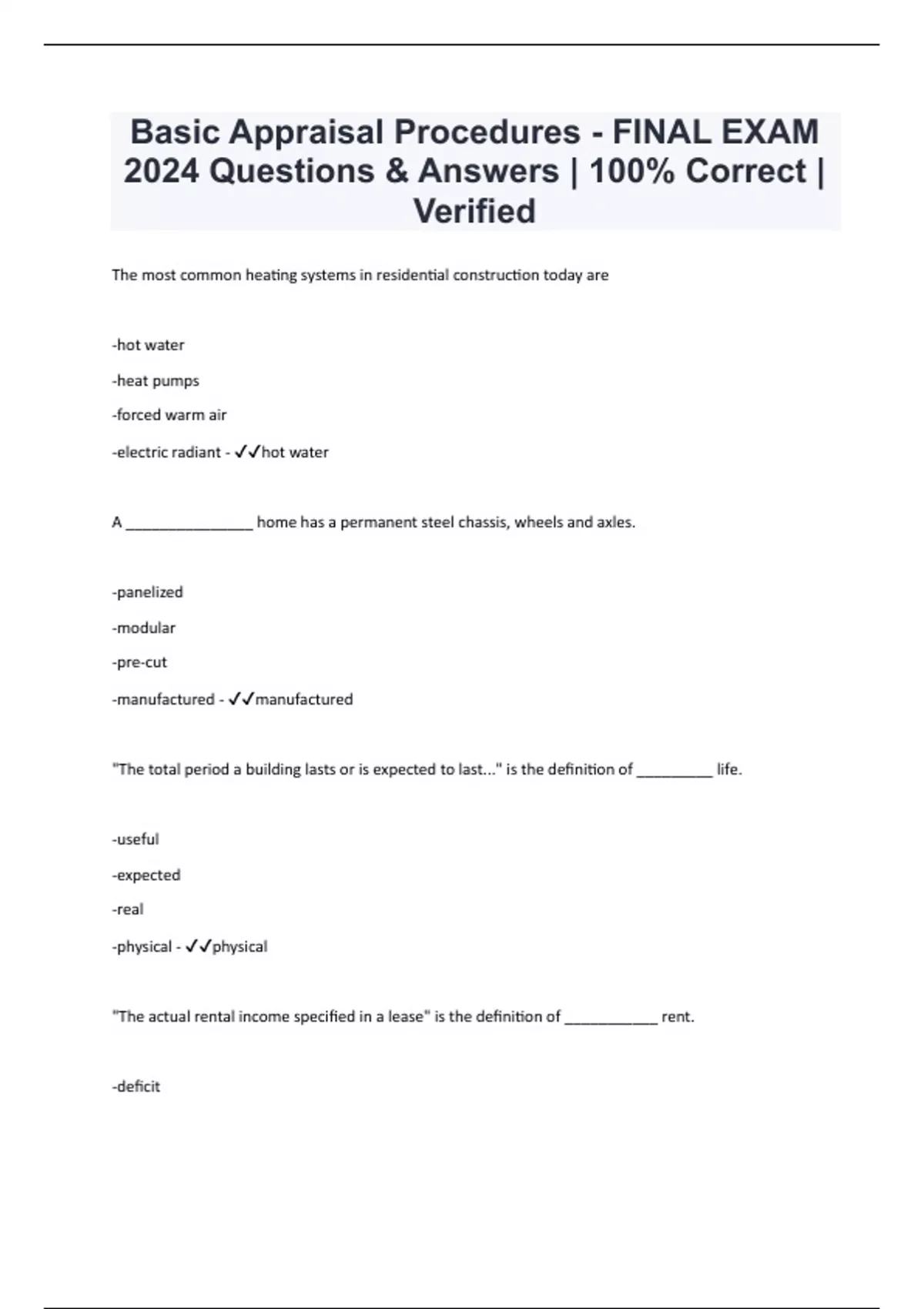 Basic Appraisal Procedures - FINAL EXAM 2024 Questions & Answers 100% ...