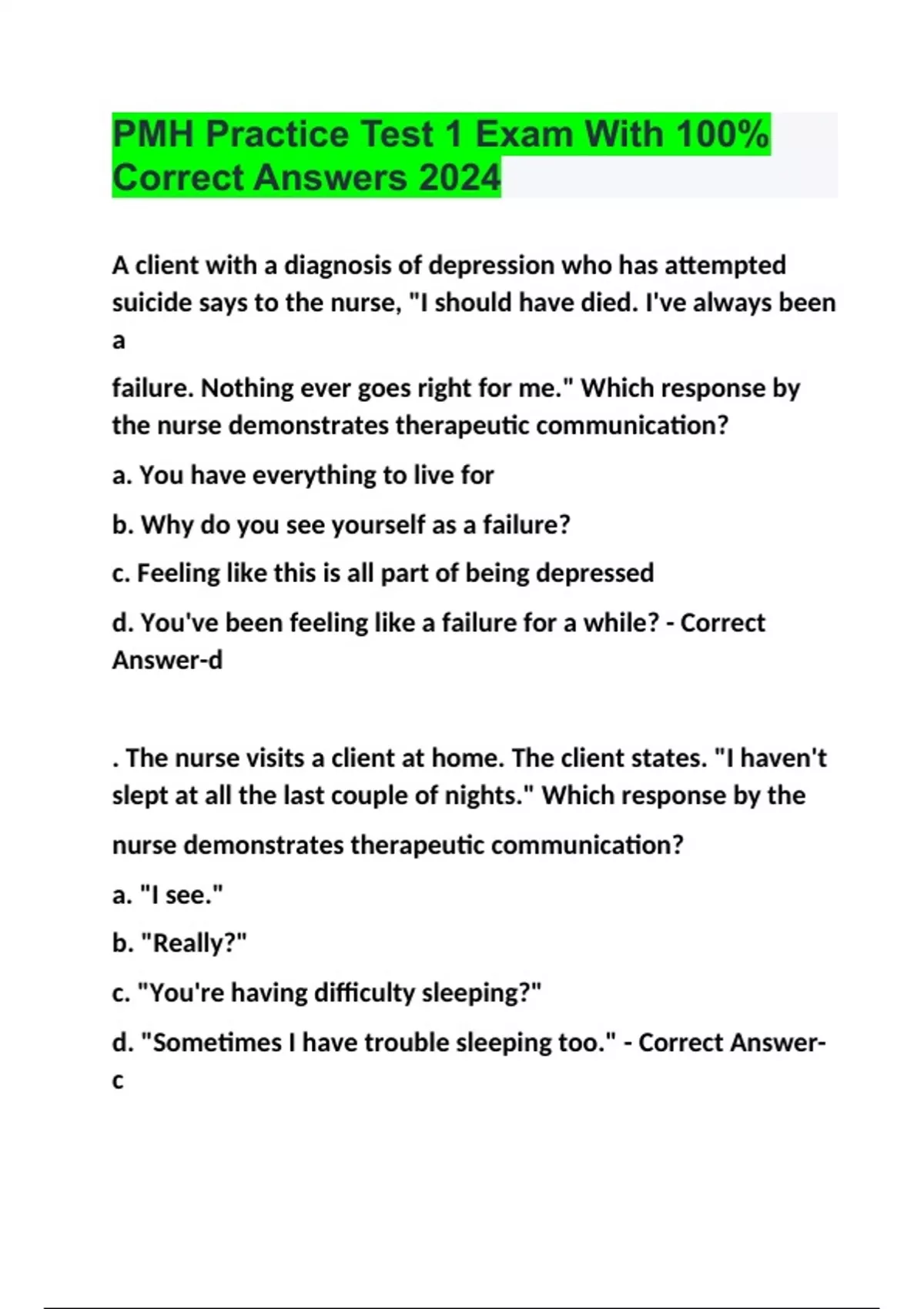 PMH Practice Test 1 Exam With 100% Correct Answers 2024 - PMH-C - Stuvia US