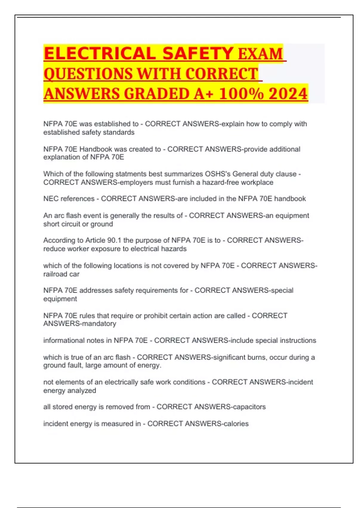 ELECTRICAL SAFETY EXAM QUESTIONS WITH CORRECT ANSWERS GRADED A+ 100% ...
