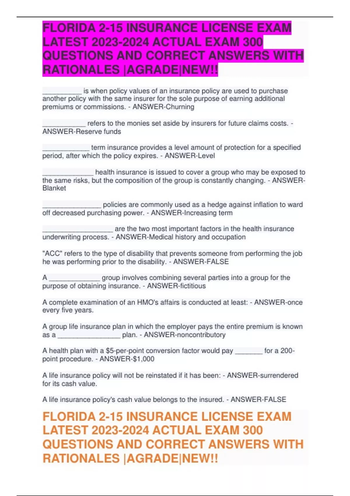 FLORIDA 2-15 INSURANCE LICENSE EXAM LATEST ACTUAL EXAM 300 QUESTIONS ...