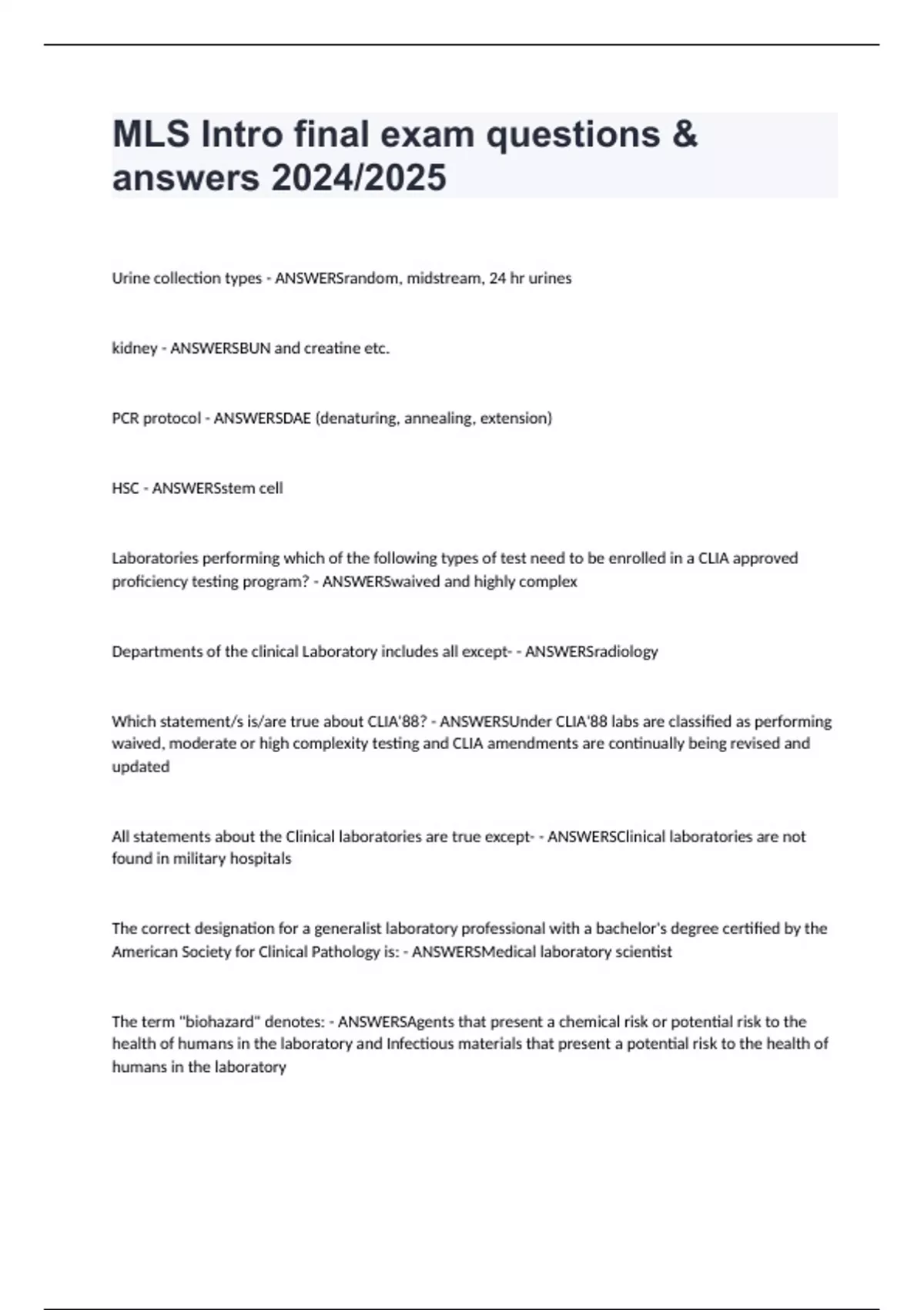 MLS Intro final exam questions & answers 2024/2025 - MLS Intro - Stuvia US