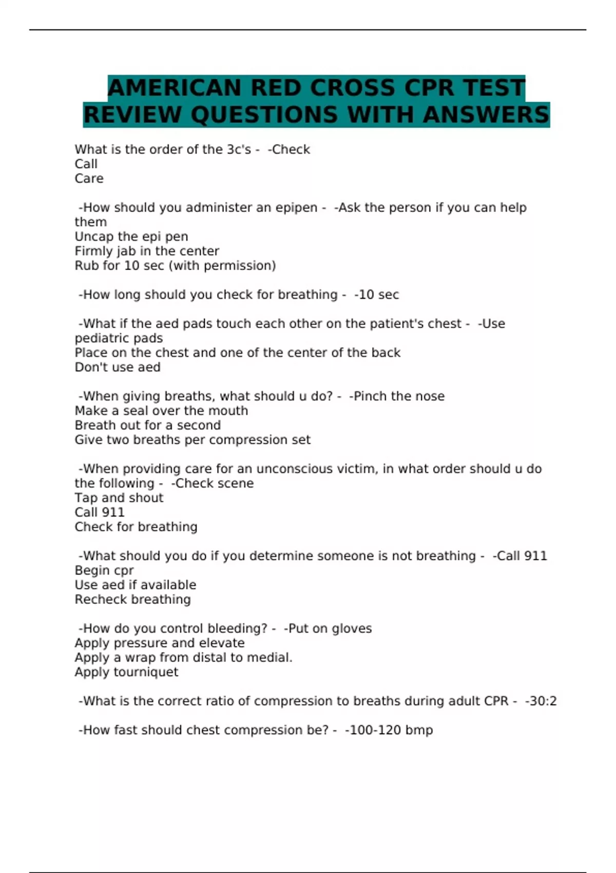 AMERICAN RED CROSS CPR TEST REVIEW QUESTIONS WITH ANSWERS - AMERICAN ...