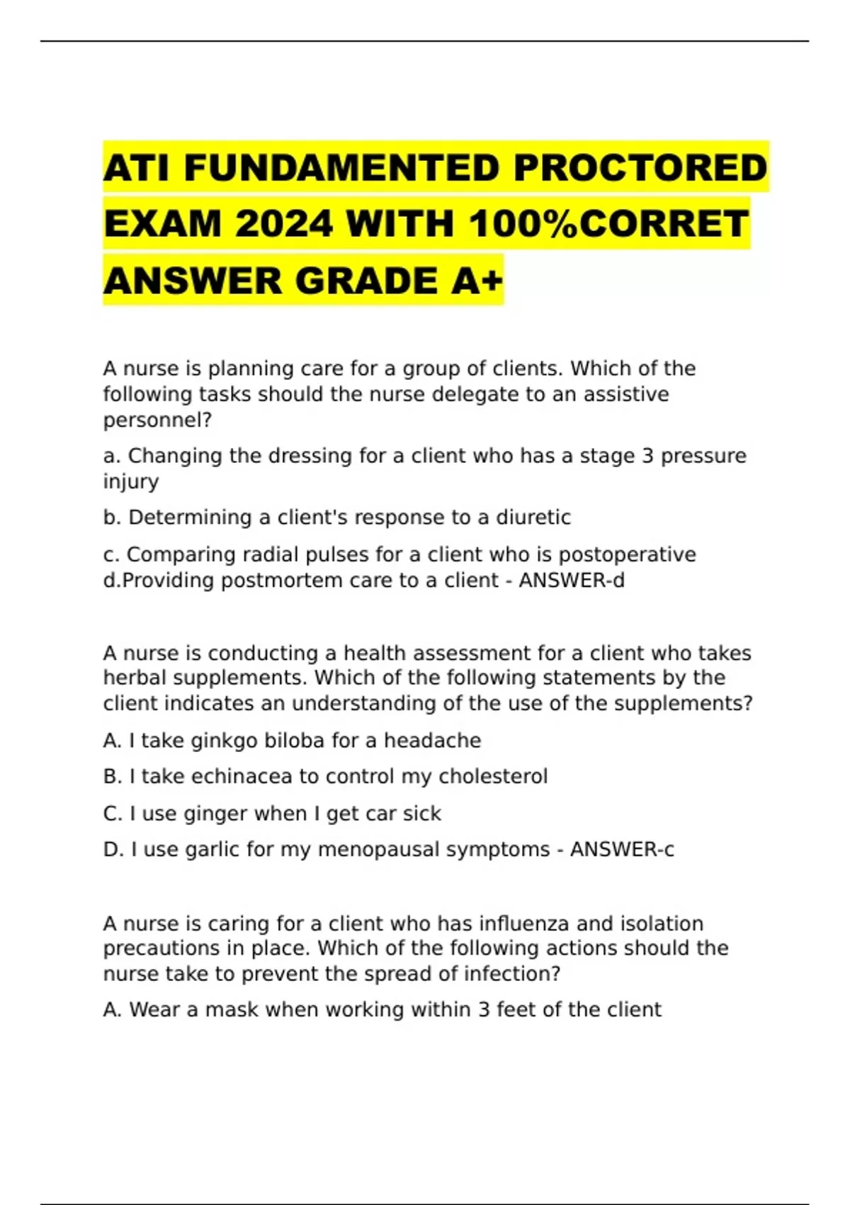 ATI FUNDAMENTED PROCTORED EXAM 2024 WITH 100%CORRET ANSWER GRADE A+ ...