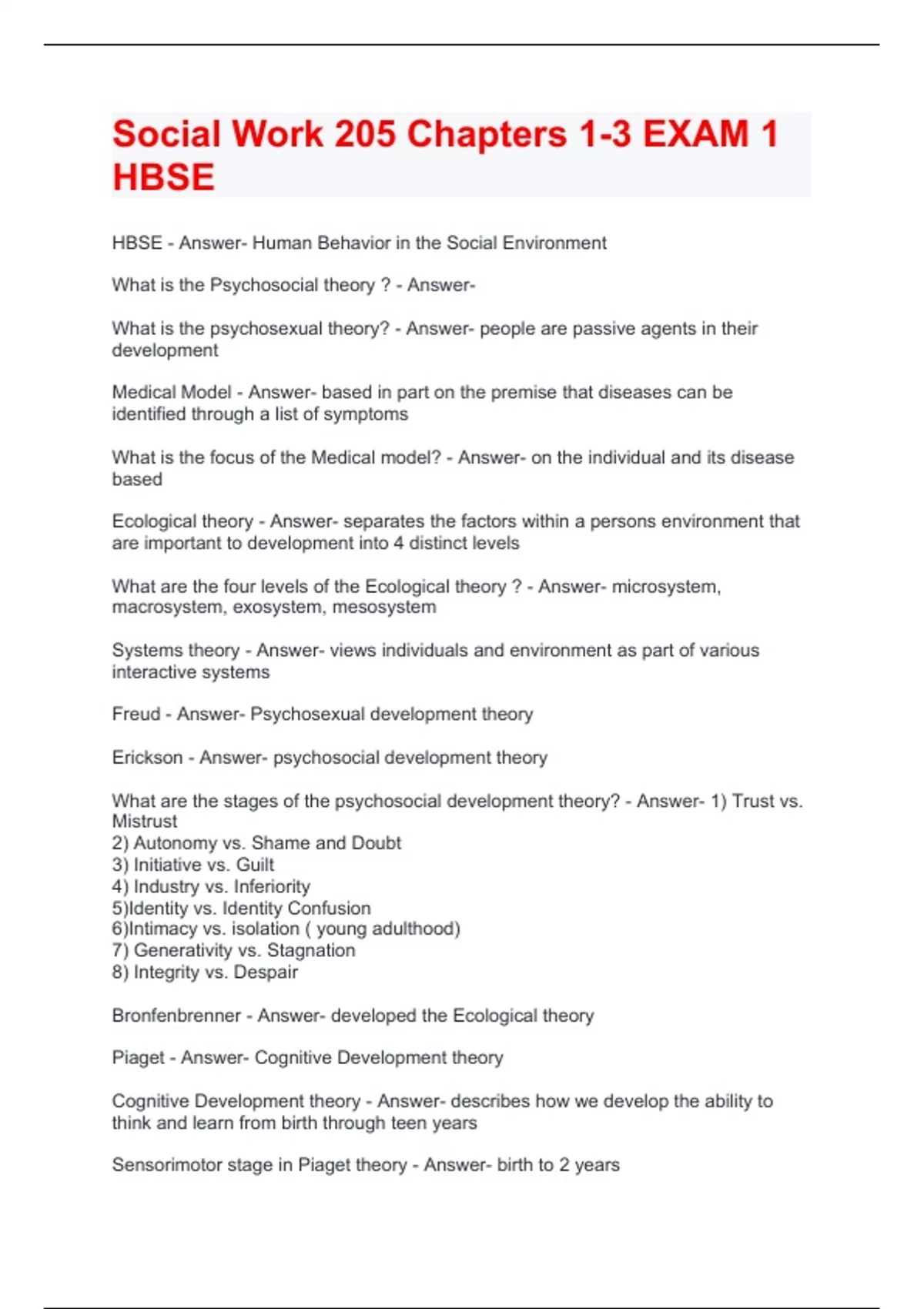 Social Work 205 Chapters 1-3 EXAM 1 HBSE Questions & Answers - Social ...