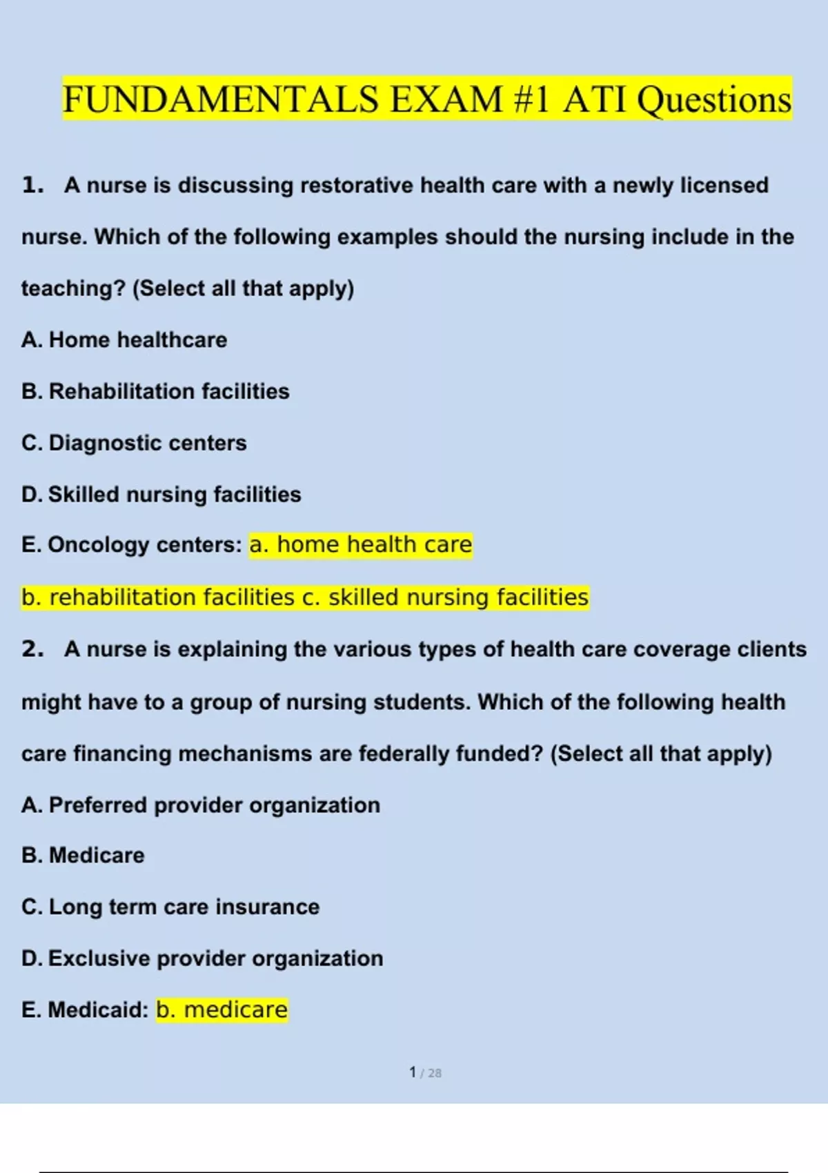 FUNDAMENTALS EXAM 1 ATI (QUESTIONS WITH 100% CORRECT ANSWERS ) (2024 / ...