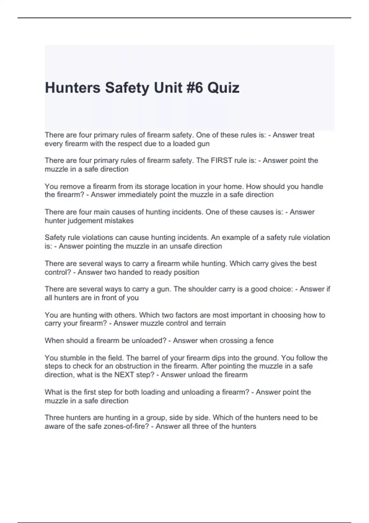 Hunters Safety Unit #6 Quiz with complete solutions - Hunter Safety ...