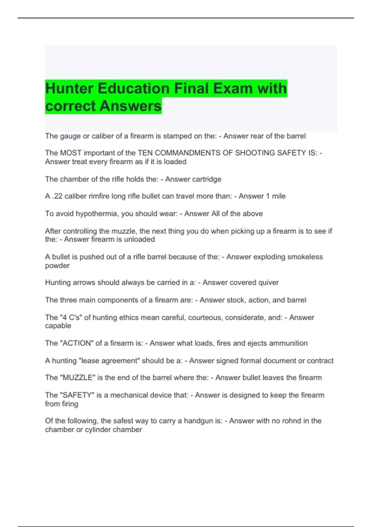 Hunter Education Final Exam with correct Answers - Hunter Safety ...