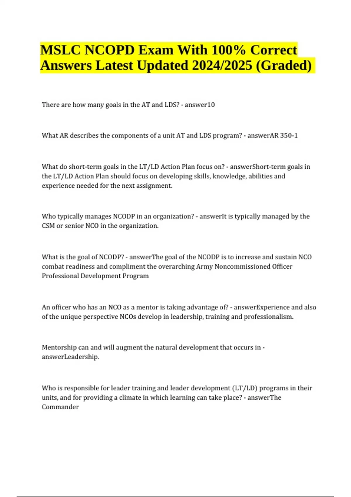 MSLC NCOPD Exam With Correct Answers Latest Updated 2024/2025 (Graded ...