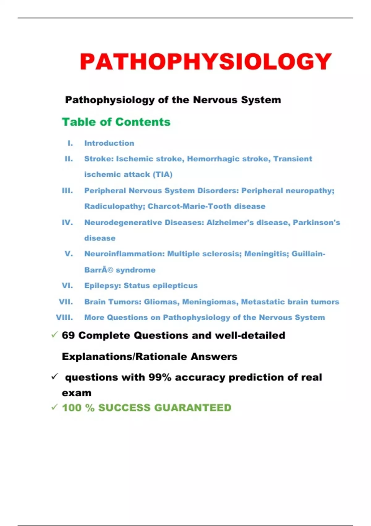 Pathophysiology of the Nervous System Questions and Verified Answers ...