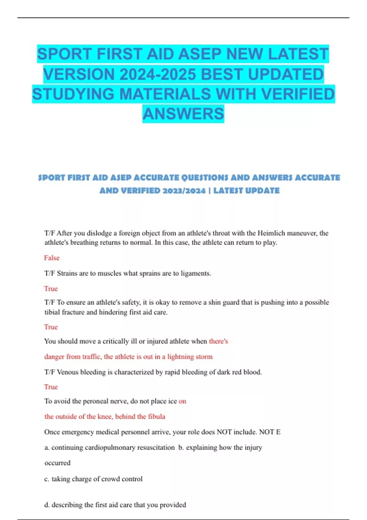 SPORT FIRST AID ASEP NEW LATEST VERSION BEST UPDATED STUDYING MATERIALS ...