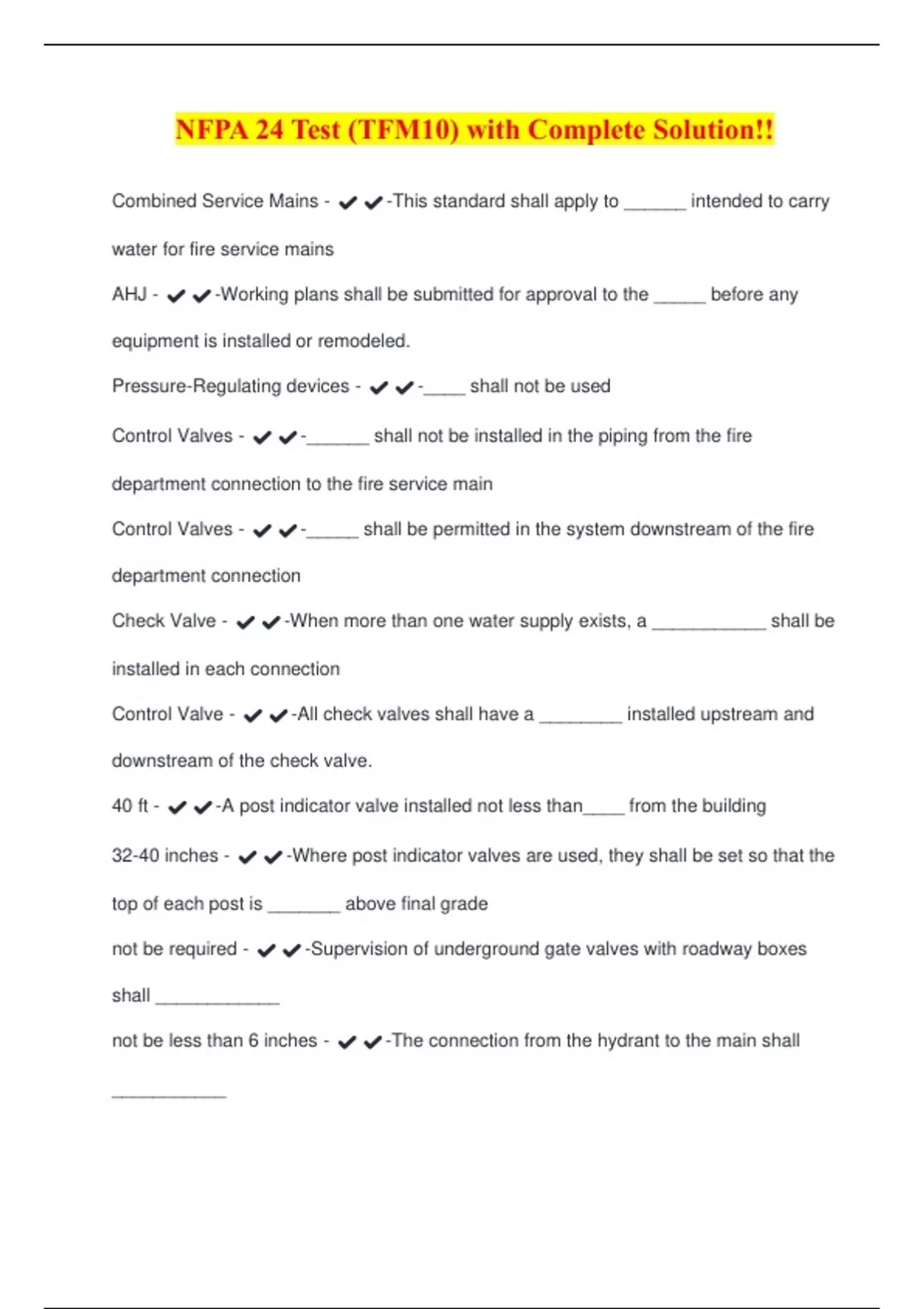 NFPA 24 Test (TFM10) with Complete Solution!! - NFPA 24 - Stuvia US