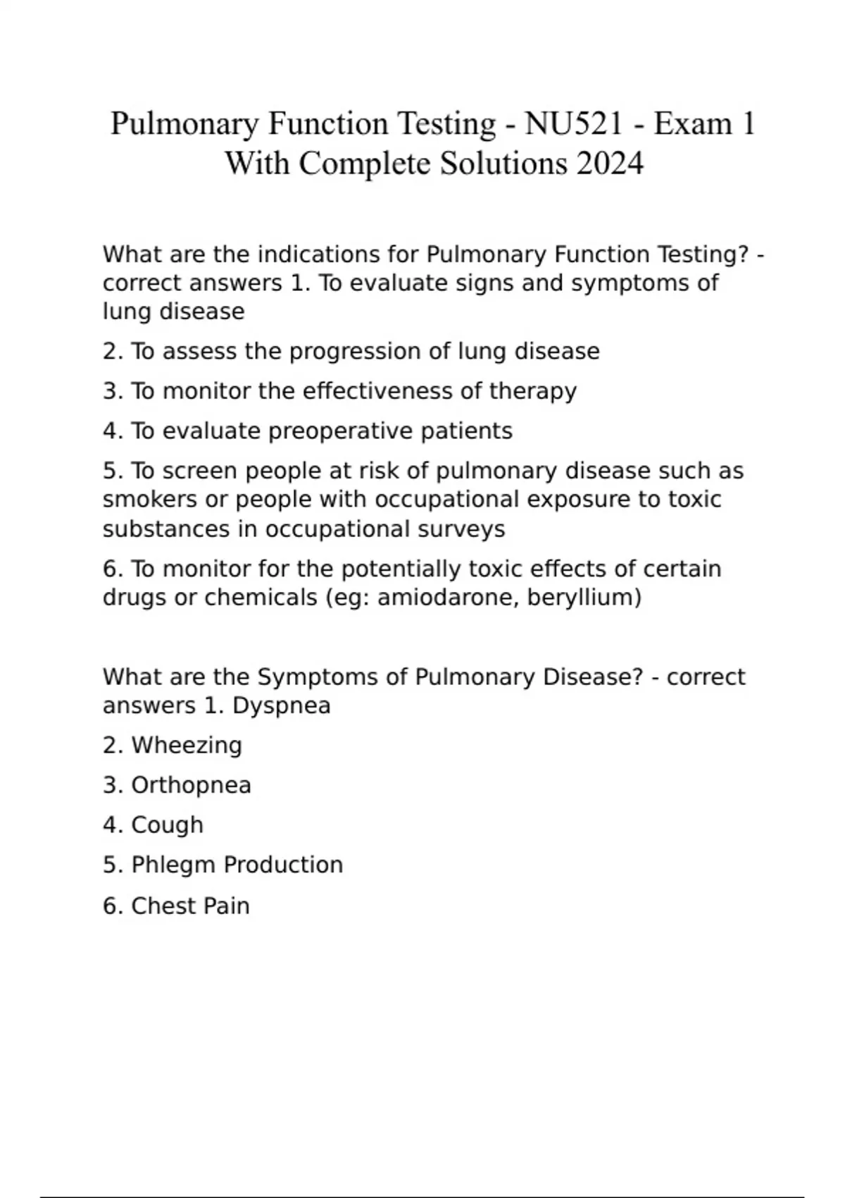 Pulmonary Function Testing - NU521 - Exam 1 With Complete Solutions ...