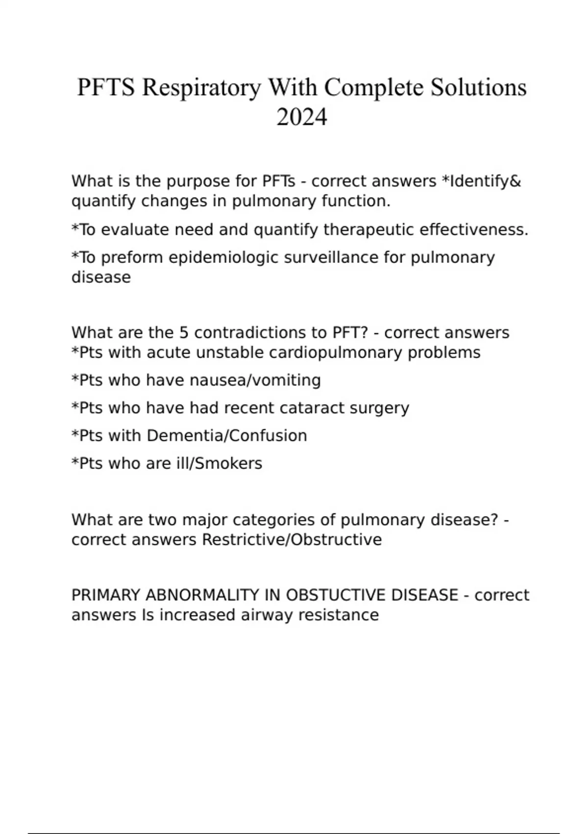 PFTS Respiratory With Complete Solutions 2024 - CPFT - Stuvia US