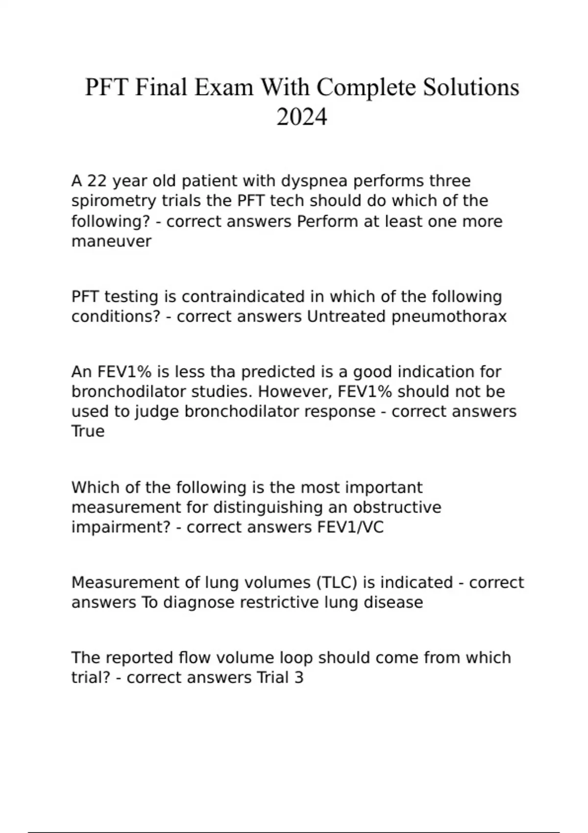 PFT Final Exam With Complete Solutions 2024 - CPFT - Stuvia US