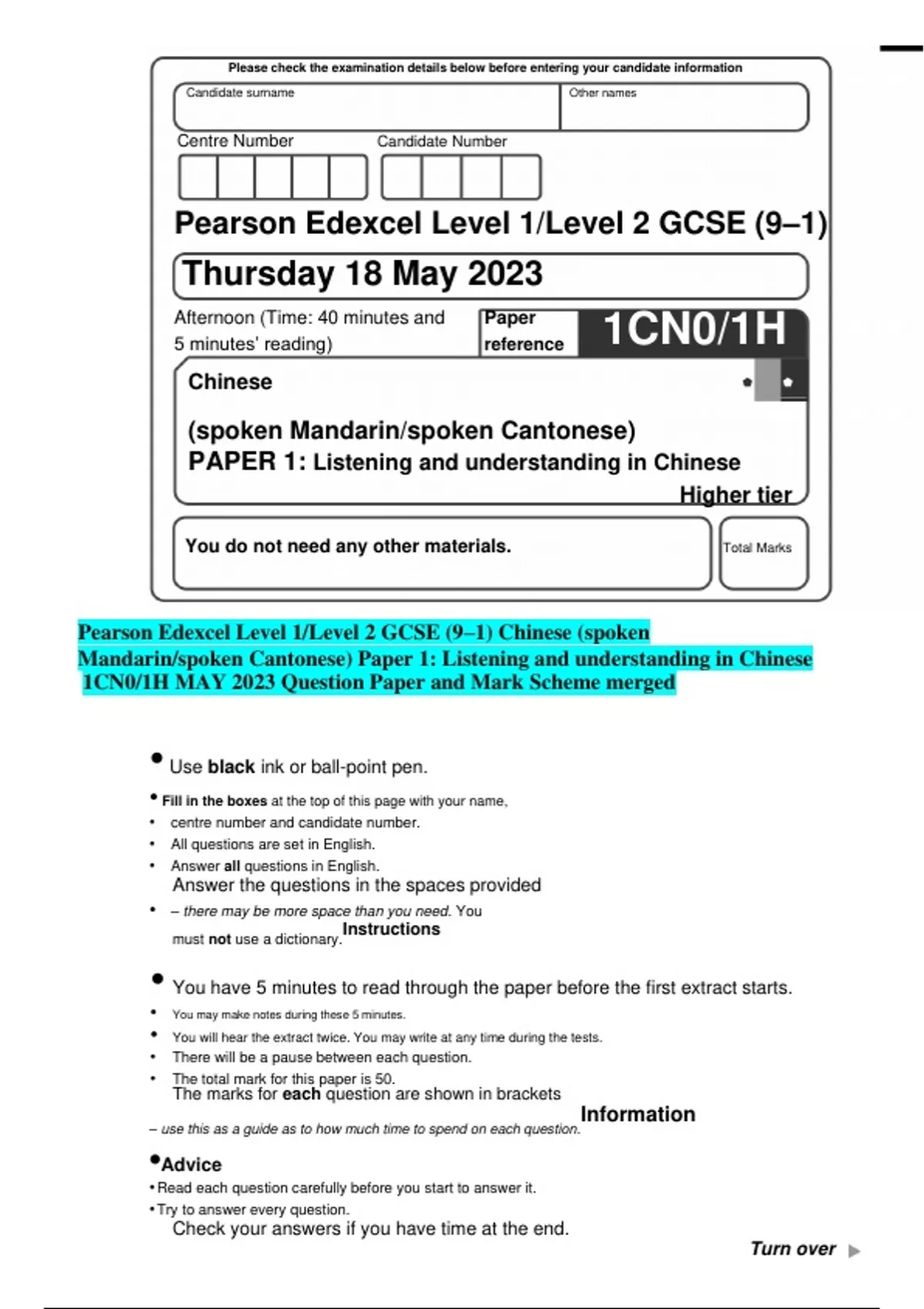 Pearson Edexcel Level 1/Level 2 GCSE (9–1) Chinese (spoken Mandarin ...
