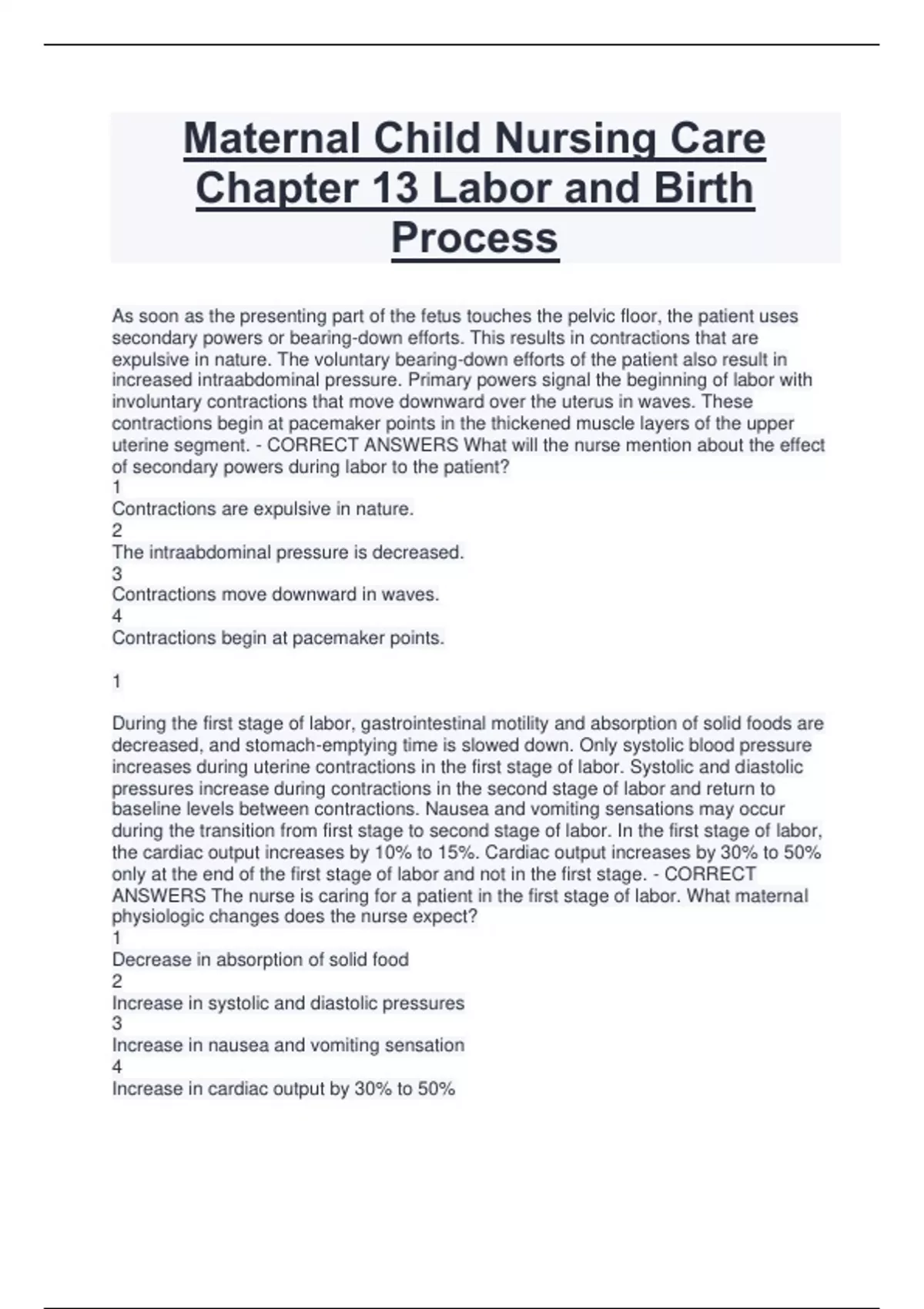 Maternal Child Nursing Care Chapter 13 Labor and Birth Process ...