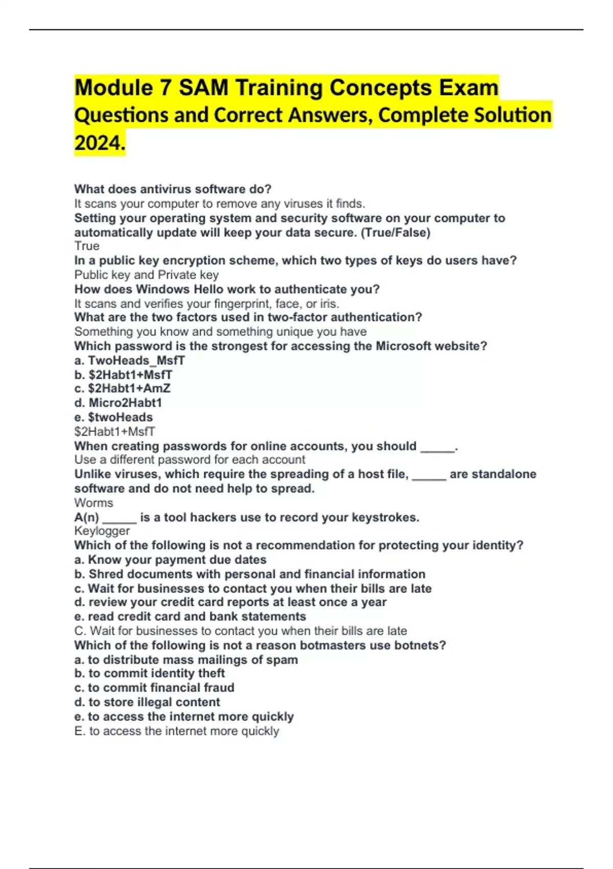 Module 7 SAM Training Concepts Exam Questions and Correct Answers, Complete Solution 2024 ...