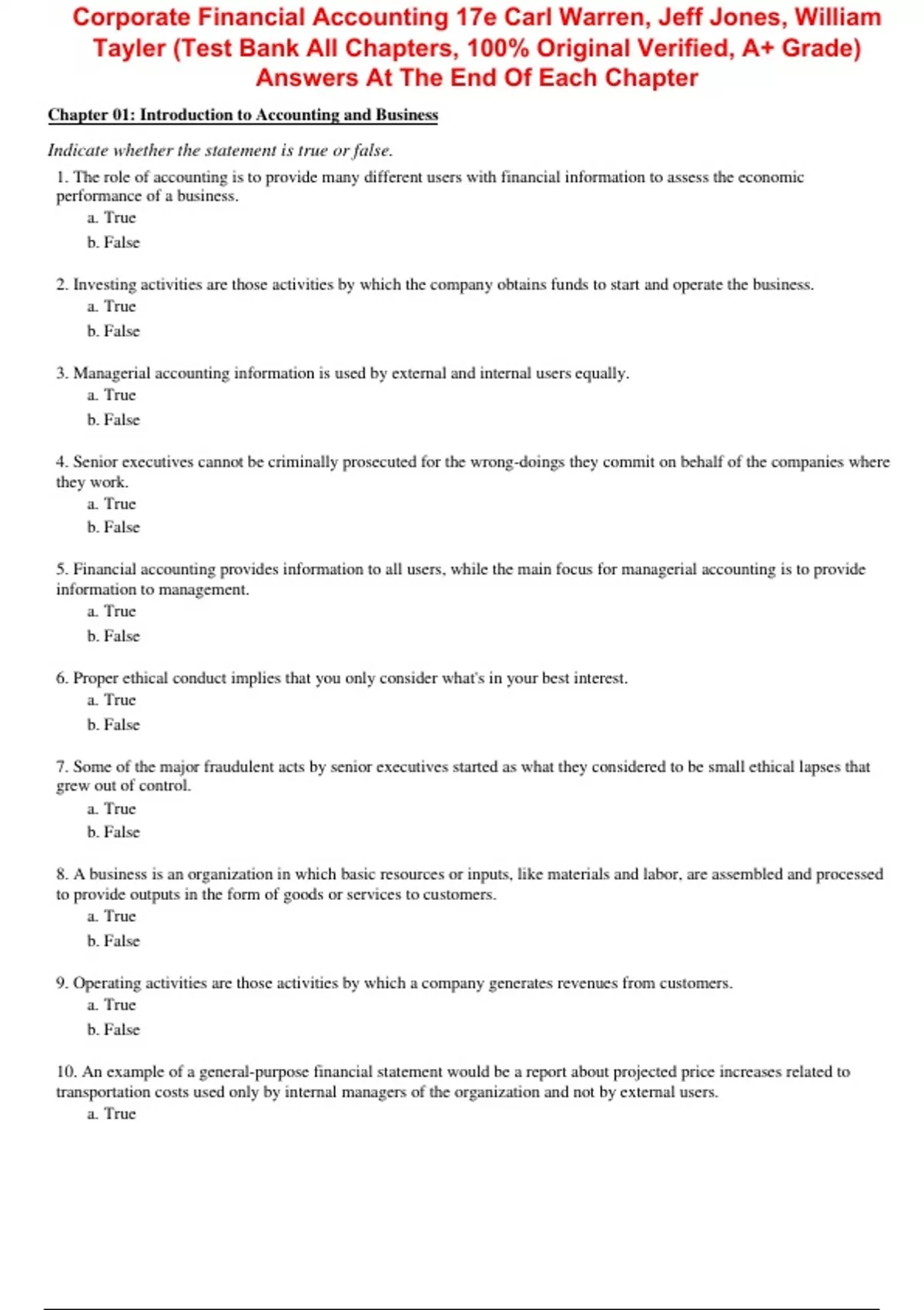 Solutions Manual With Test Bank For Corporate Financial Accounting 17th