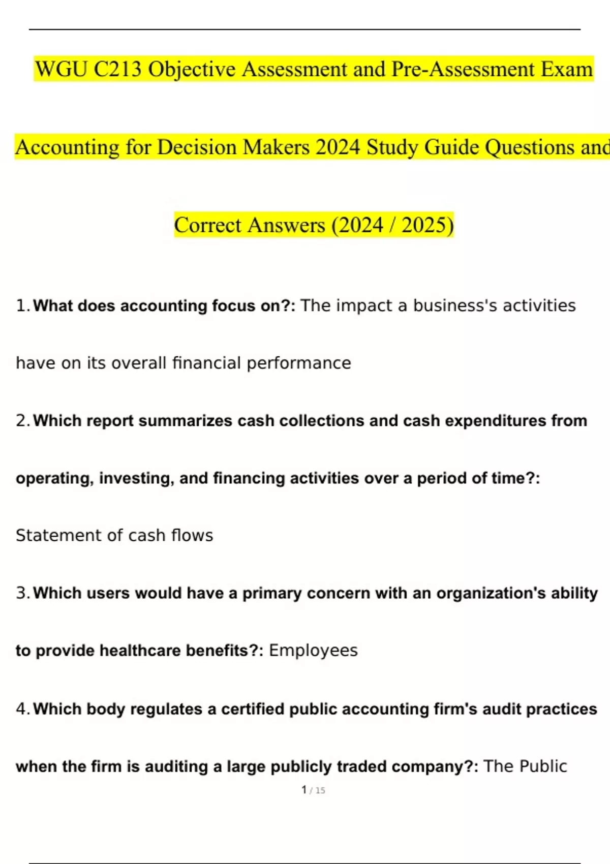 WGU C213 Objective Assessment and Pre-Assessment Exam Accounting for ...
