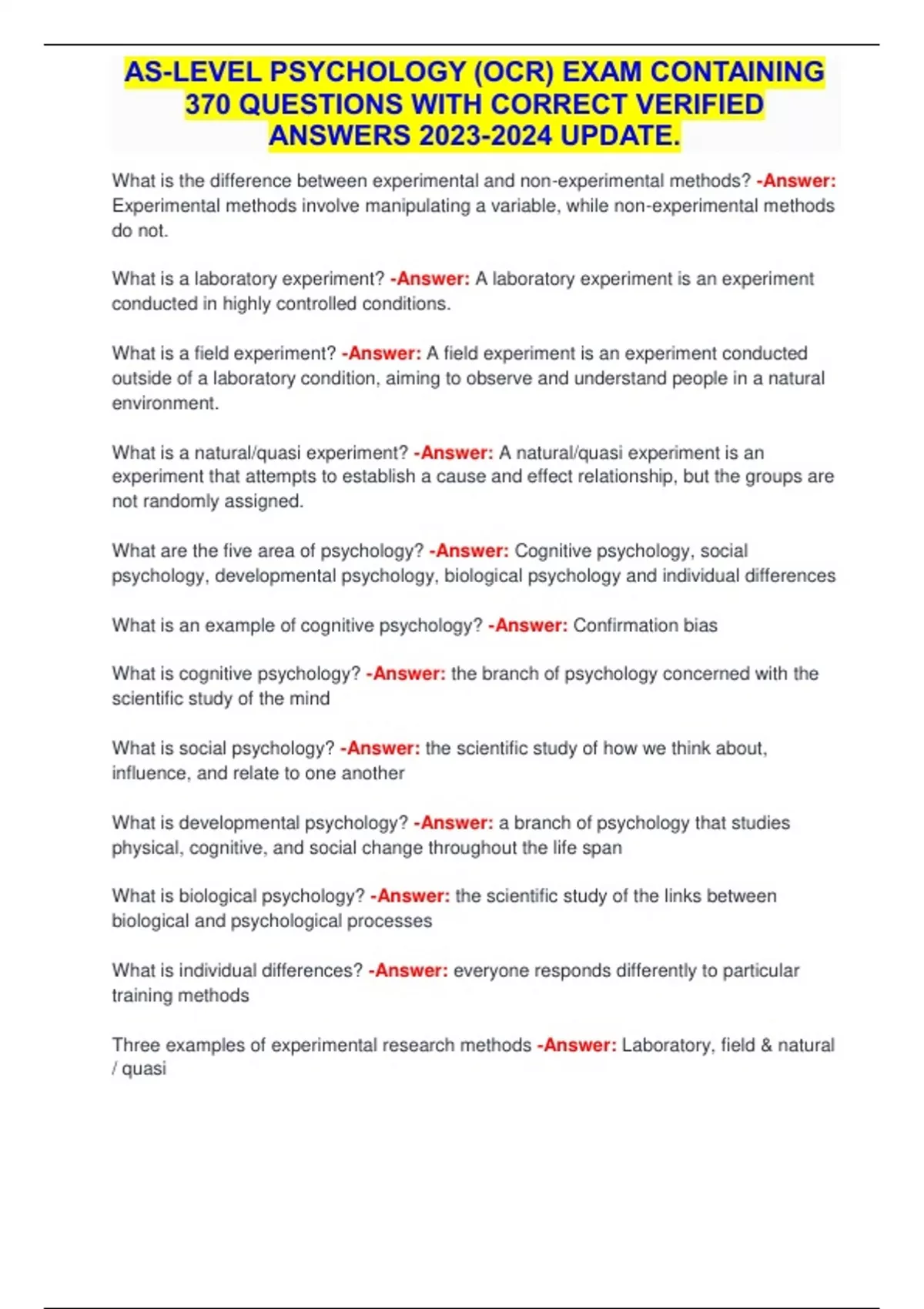 AS-LEVEL PSYCHOLOGY (OCR) EXAM CONTAINING 370 QUESTIONS WITH CORRECT ...