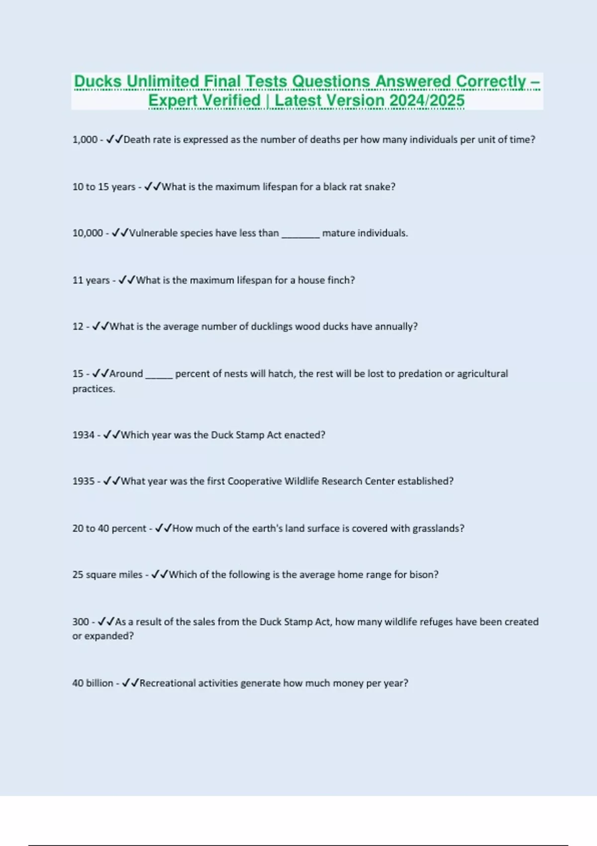 Ducks Unlimited Final Tests Questions Answered Correctly – Expert ...