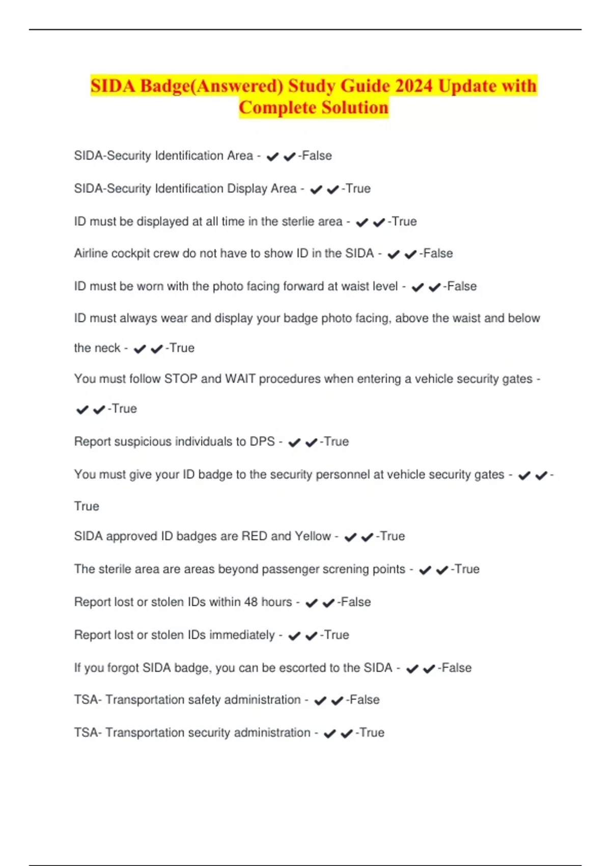 SIDA Badge(Answered) Study Guide 2024 Update with Complete Solution ...