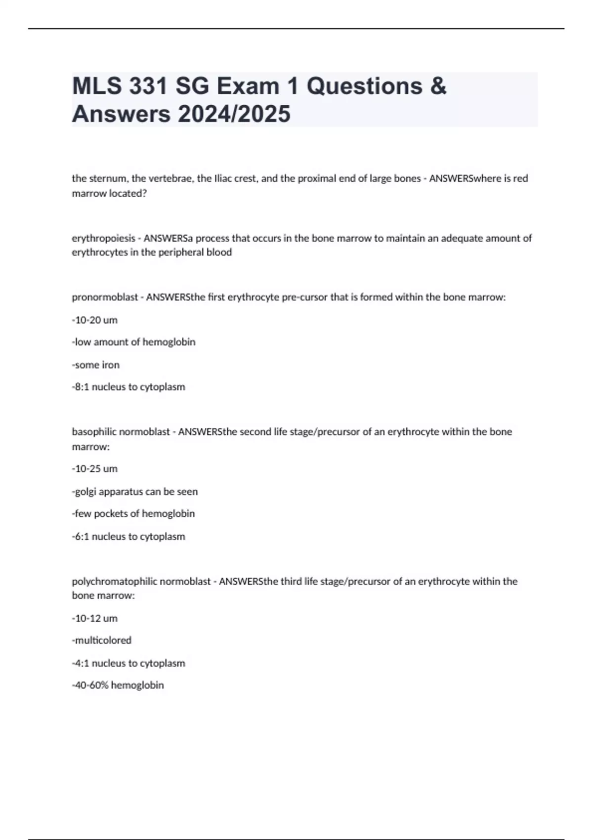 MLS 331 SG Exam 1 Questions & Answers 2024/2025 - MLS 331 SG - Stuvia US