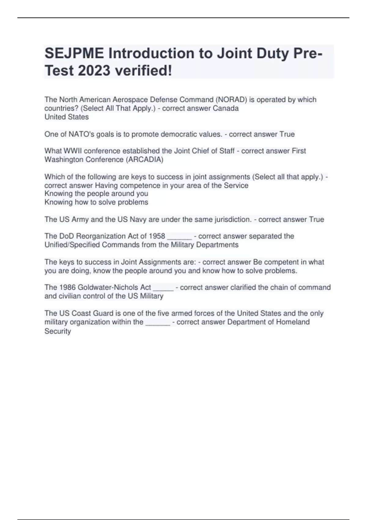 SEJPME Introduction to Joint Duty Pre Test 2023 verified! - SEJPME ...