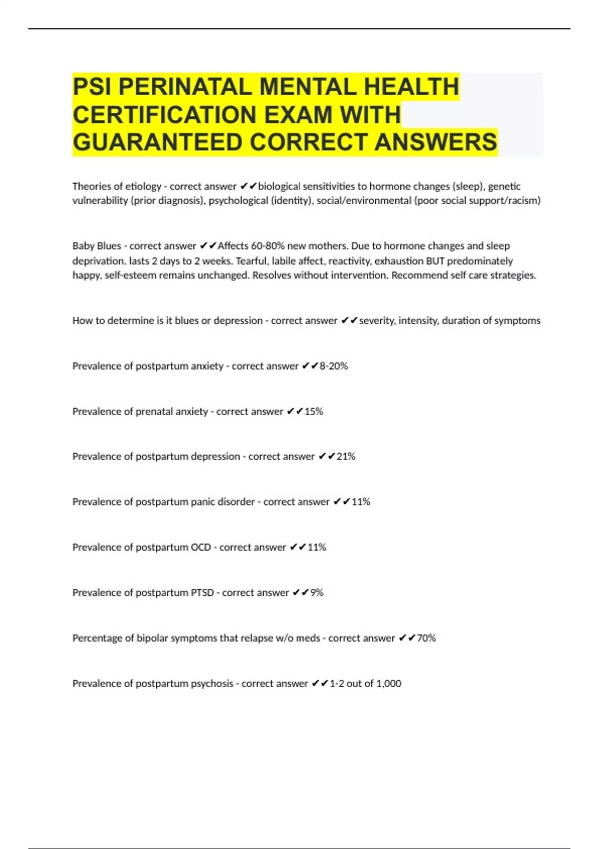 PSI PERINATAL MENTAL HEALTH CERTIFICATION EXAM WITH GUARANTEED CORRECT ...