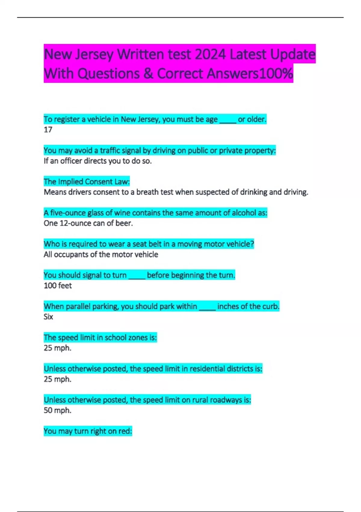 New Jersey Written test 2024 Latest Update With Questions & Correct ...