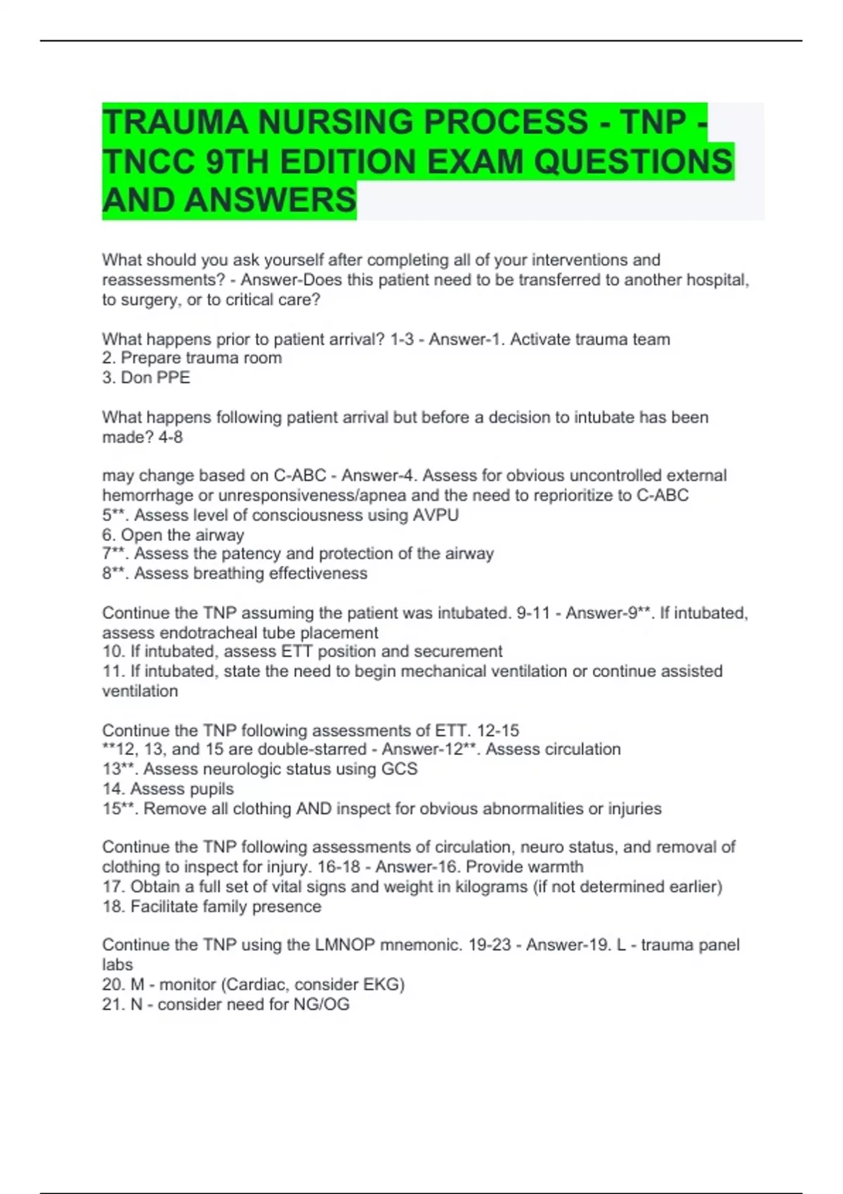 TRAUMA NURSING PROCESS - TNP - TNCC 9TH EDITION EXAM QUESTIONS AND ...