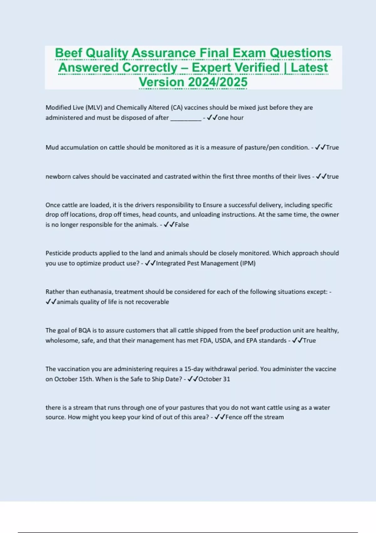Beef Quality Assurance Final Exam Questions Answered Correctly – Expert ...