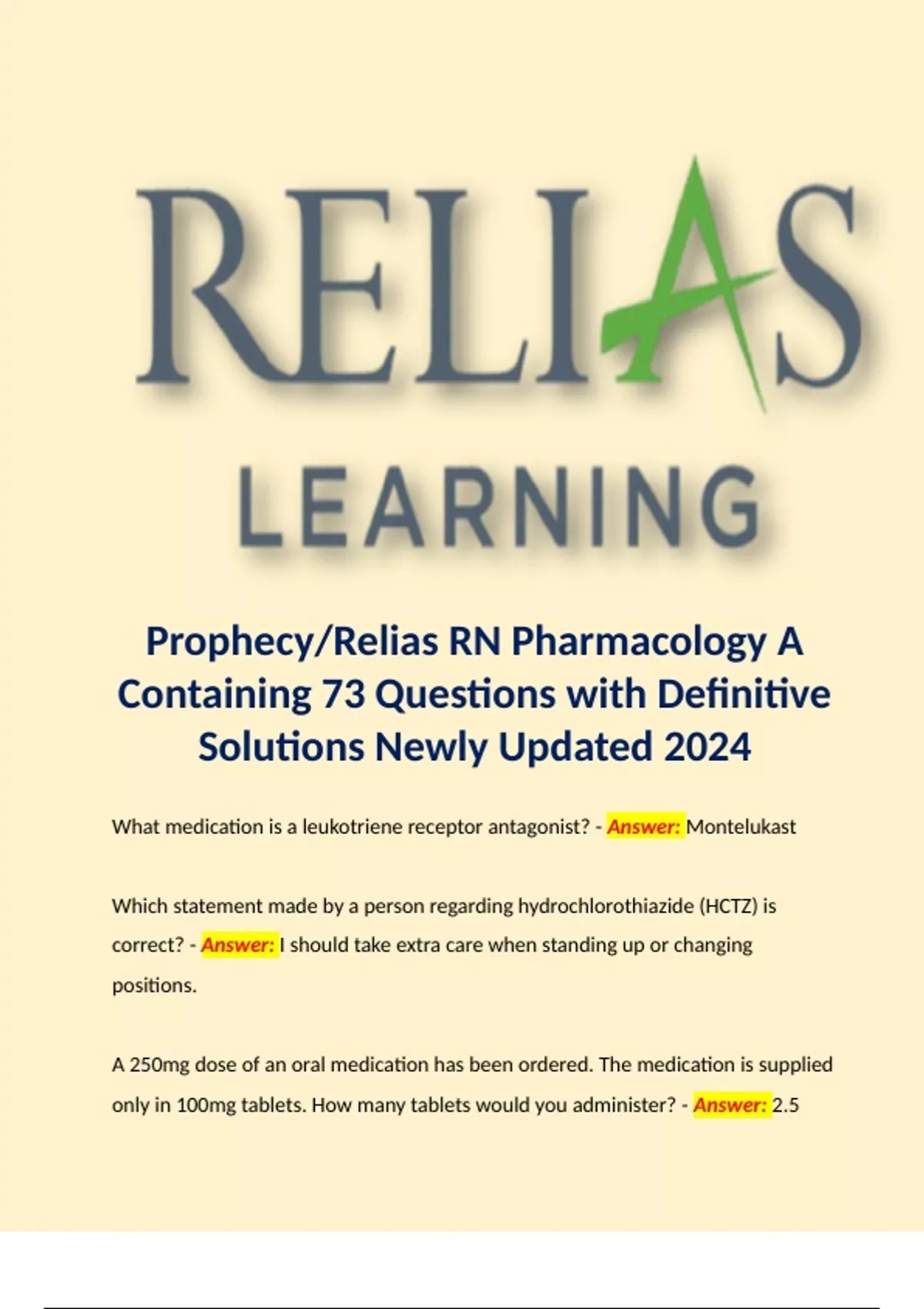 Prophecy/Relias RN Pharmacology A Containing 73 Questions with ...