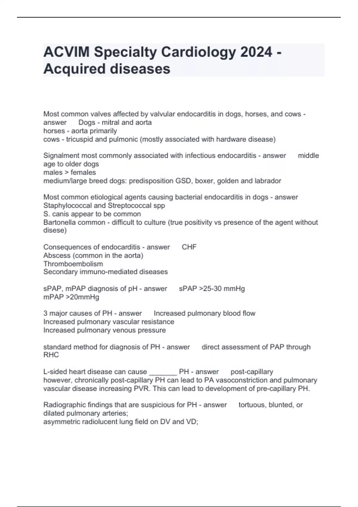 ACVIM Specialty Cardiology 2024 - Acquired diseases Questions and ...