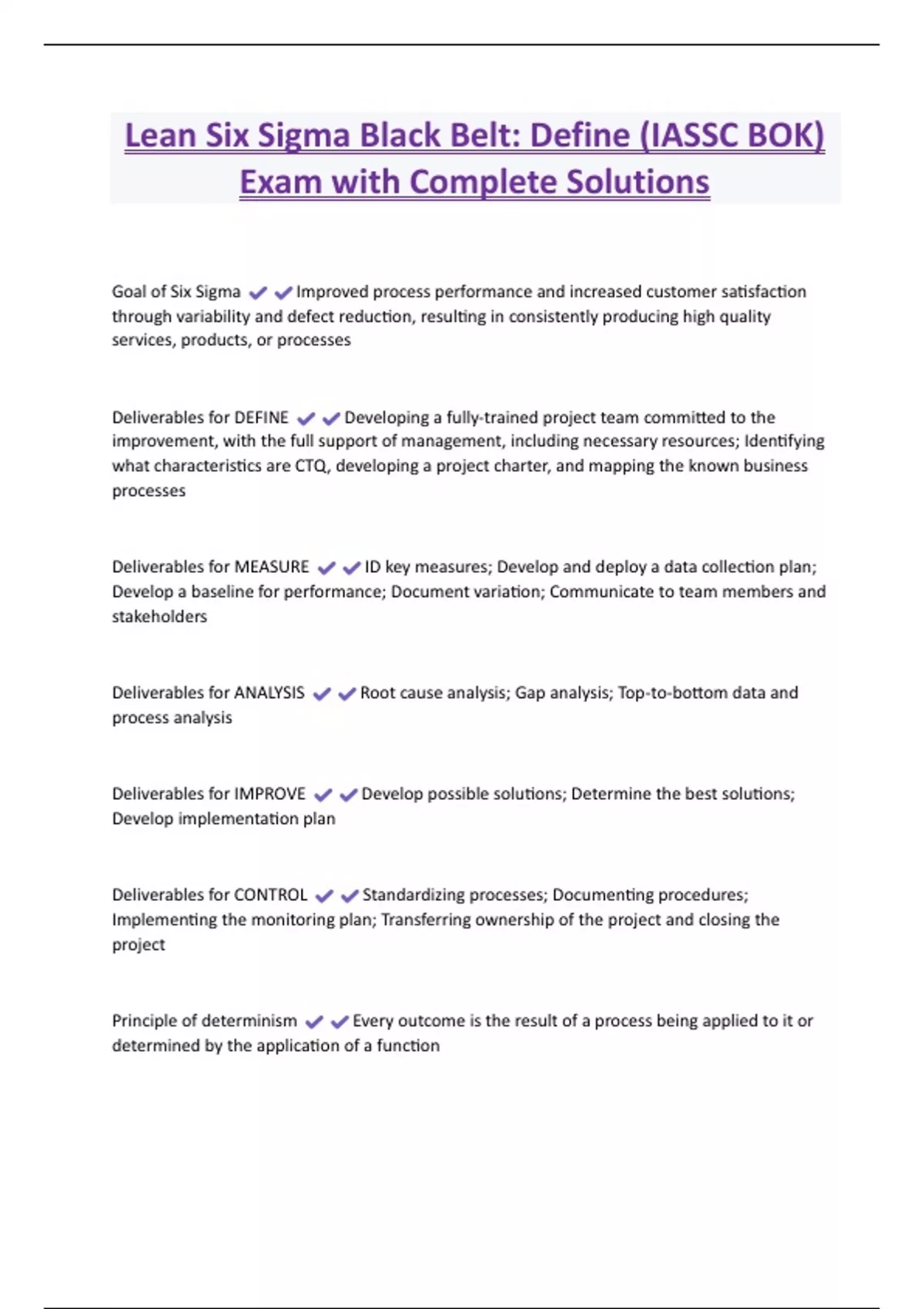 Lean Six Sigma Black Belt Define Iassc Bok Exam With Complete Solutions Lean Six Sigma