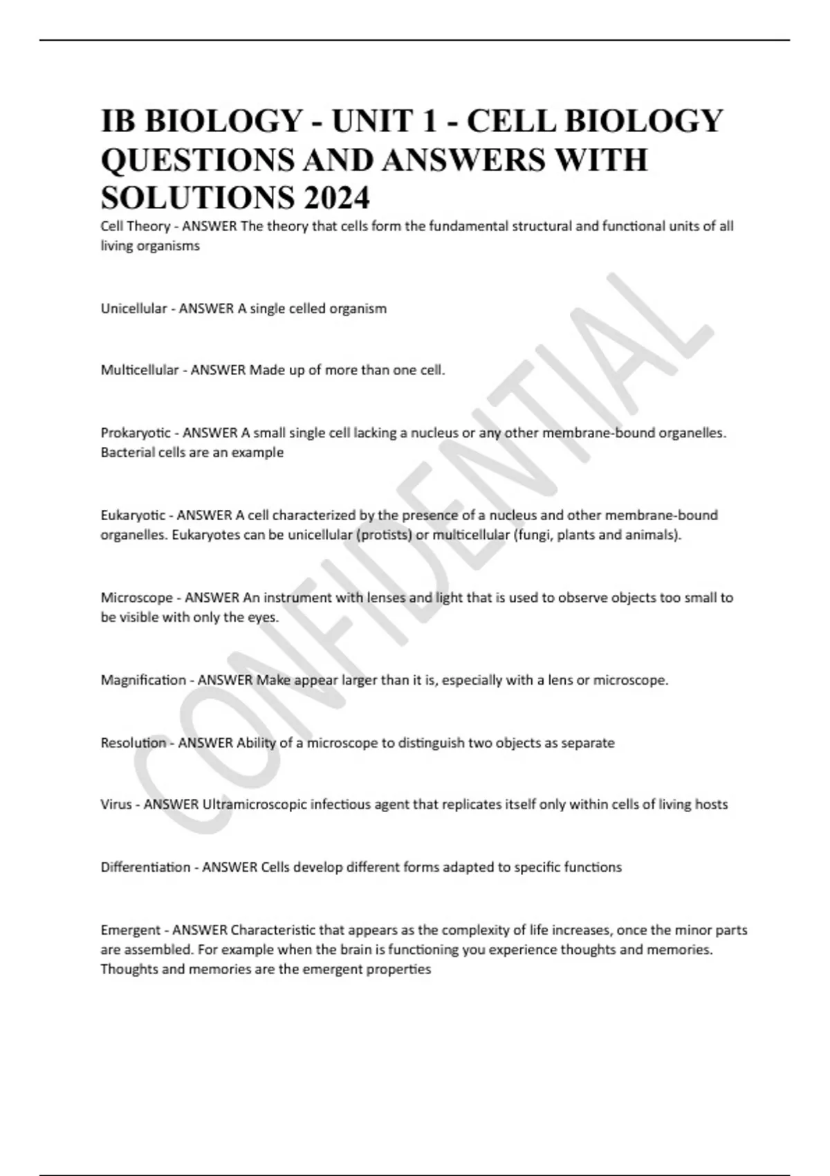 IB BIOLOGY - UNIT 1 - CELL BIOLOGY QUESTIONS AND ANSWERS WITH SOLUTIONS ...