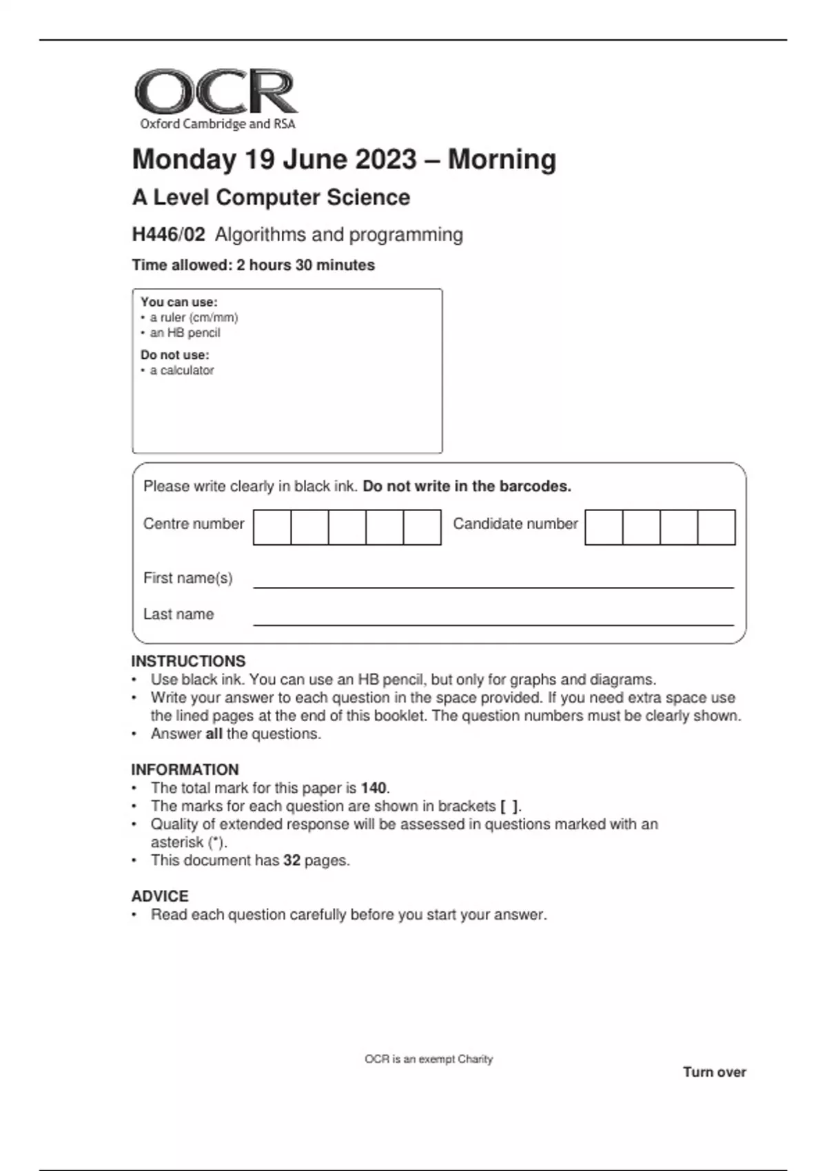 Oxford Cambridge and RSA A Level Computer Science H446/02 Algorithms and programming QUESTION ...