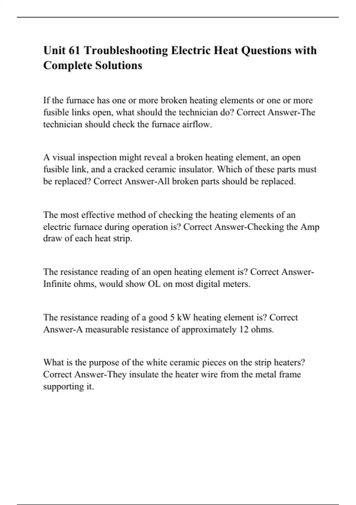 Unit 61 Troubleshooting Electric Heat Questions with Complete Solutions ...