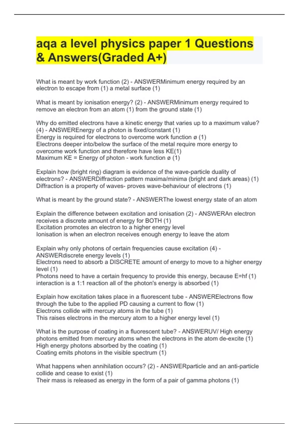 aqa a level physics paper 1 Questions & Answers(Graded A+) - Aqa a ...