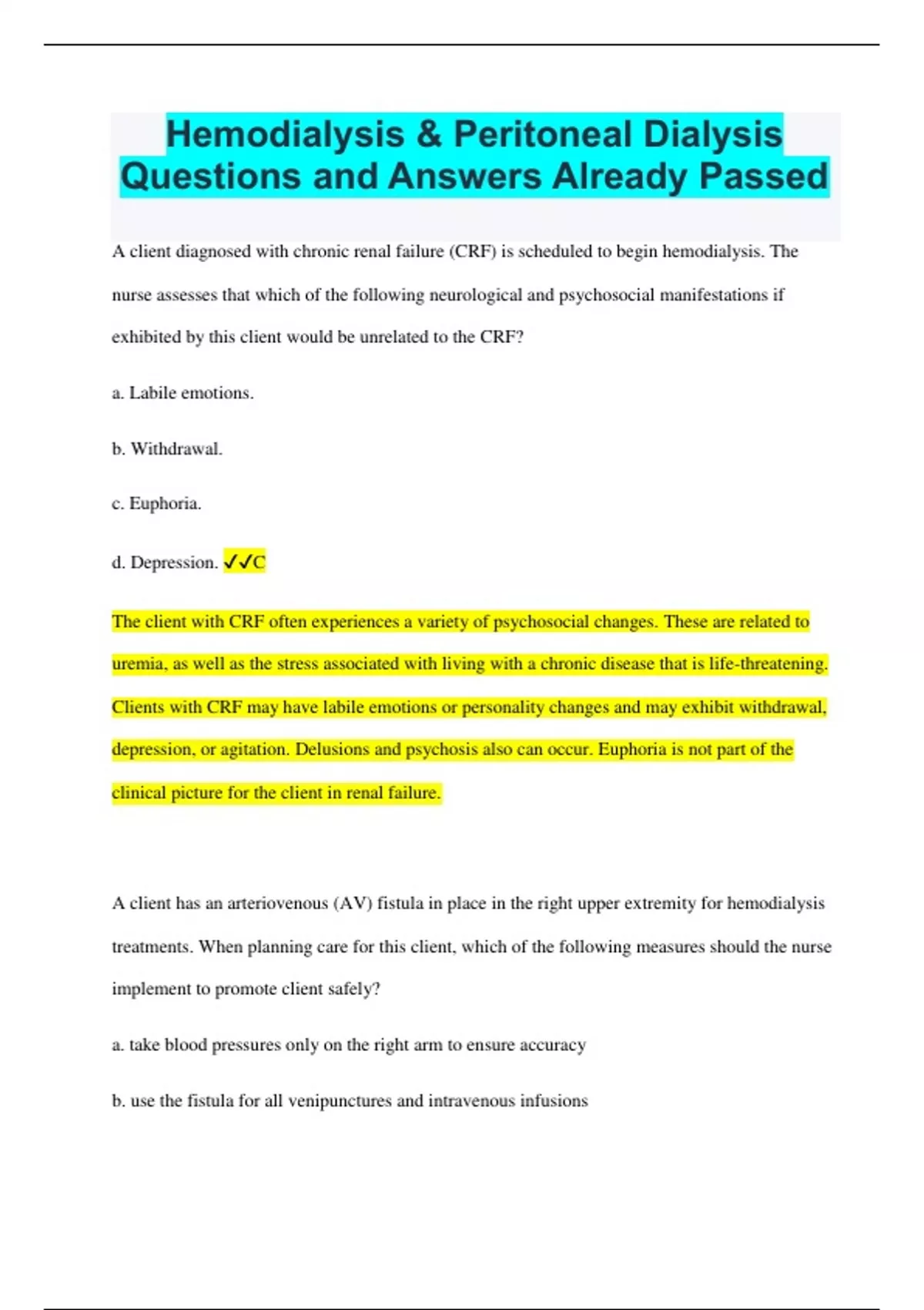 Hemodialysis & Peritoneal Dialysis Questions and Answers Already Passed ...