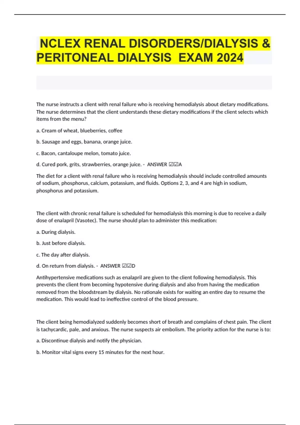 NCLEX RENAL DISORDERS/DIALYSIS & PERITONEAL DIALYSIS EXAM 2024 - NCLEX ...