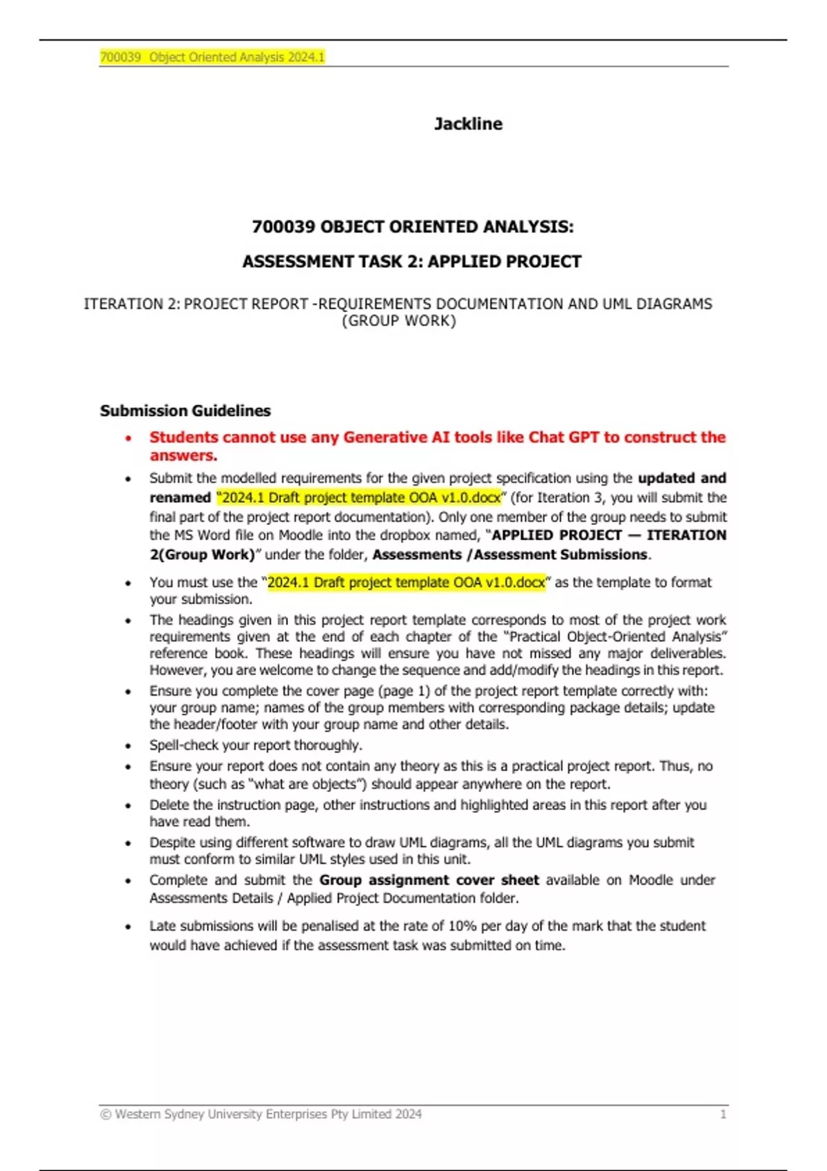 700039 OBJECT ORIENTED ANALYSIS: ASSESSMENT TASK 2: APPLIED PROJECT ITERATION 2: PROJECT REPORT ...