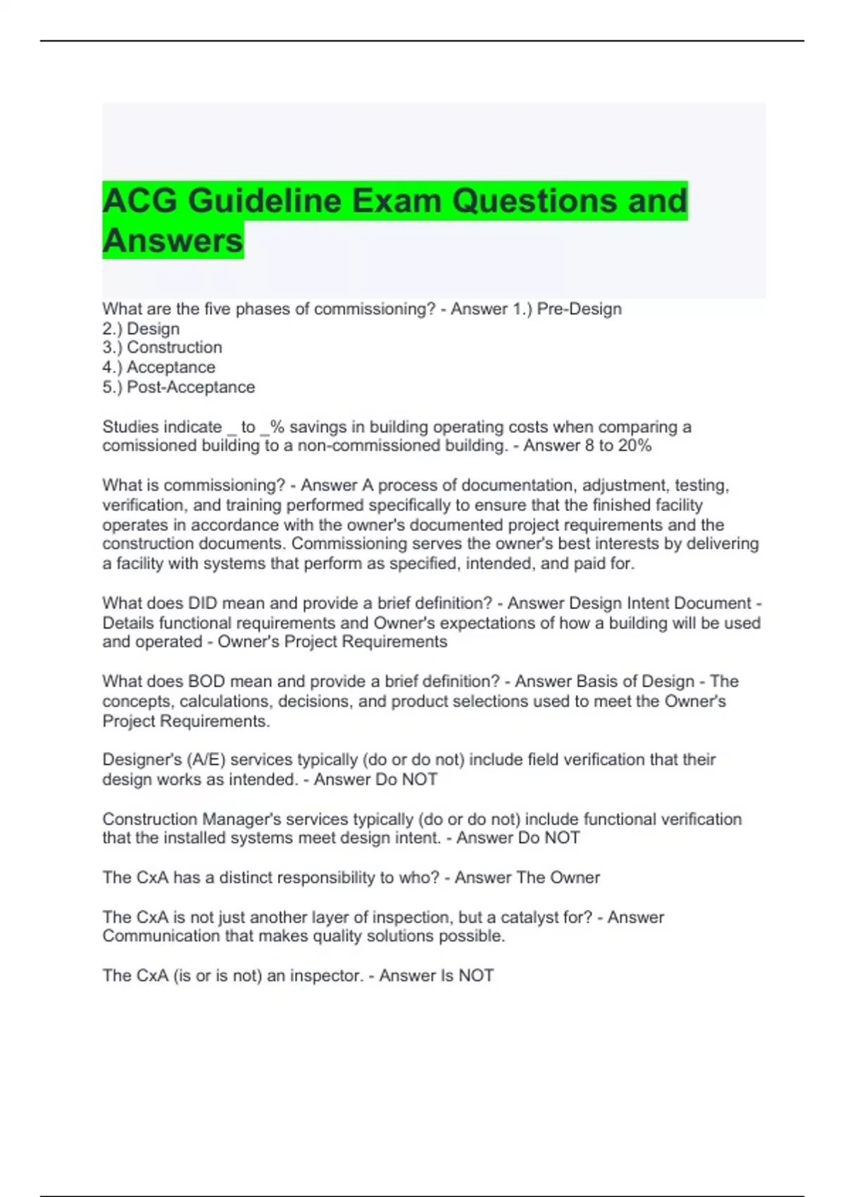 ACG Guideline Exam Questions and Answers - ACG CxA - Stuvia US