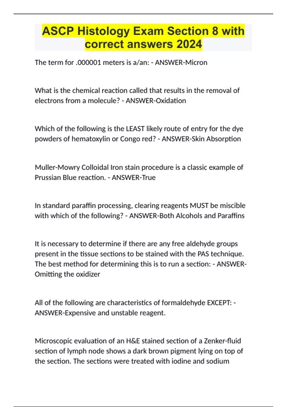 ASCP Histology Exam Section 8 with correct answers 2024 ...