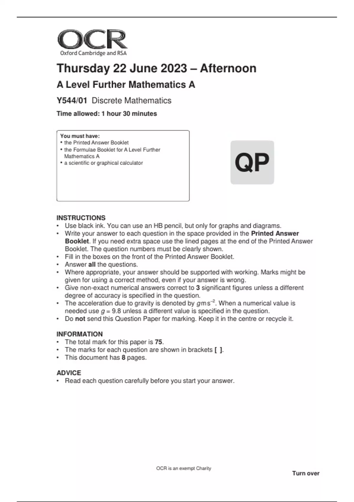 Oxford Cambridge and RSA A Level Further Mathematics A Y544/01 Discrete ...
