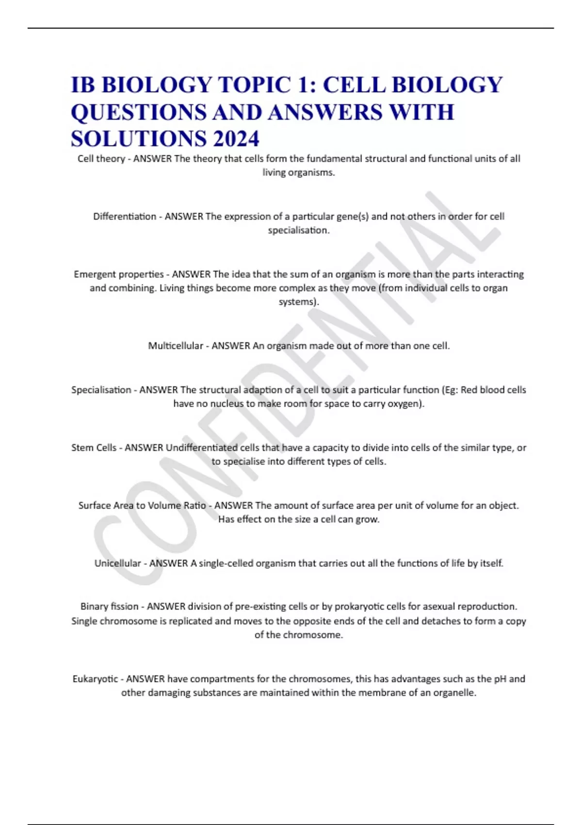 IB BIOLOGY TOPIC 1: CELL BIOLOGY QUESTIONS AND ANSWERS WITH SOLUTIONS ...