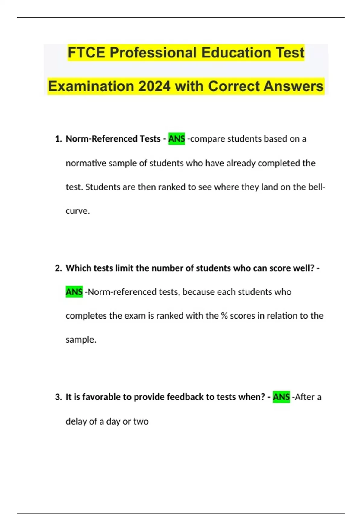FTCE Professional Education Test Examination 2024 with Correct Answers ...