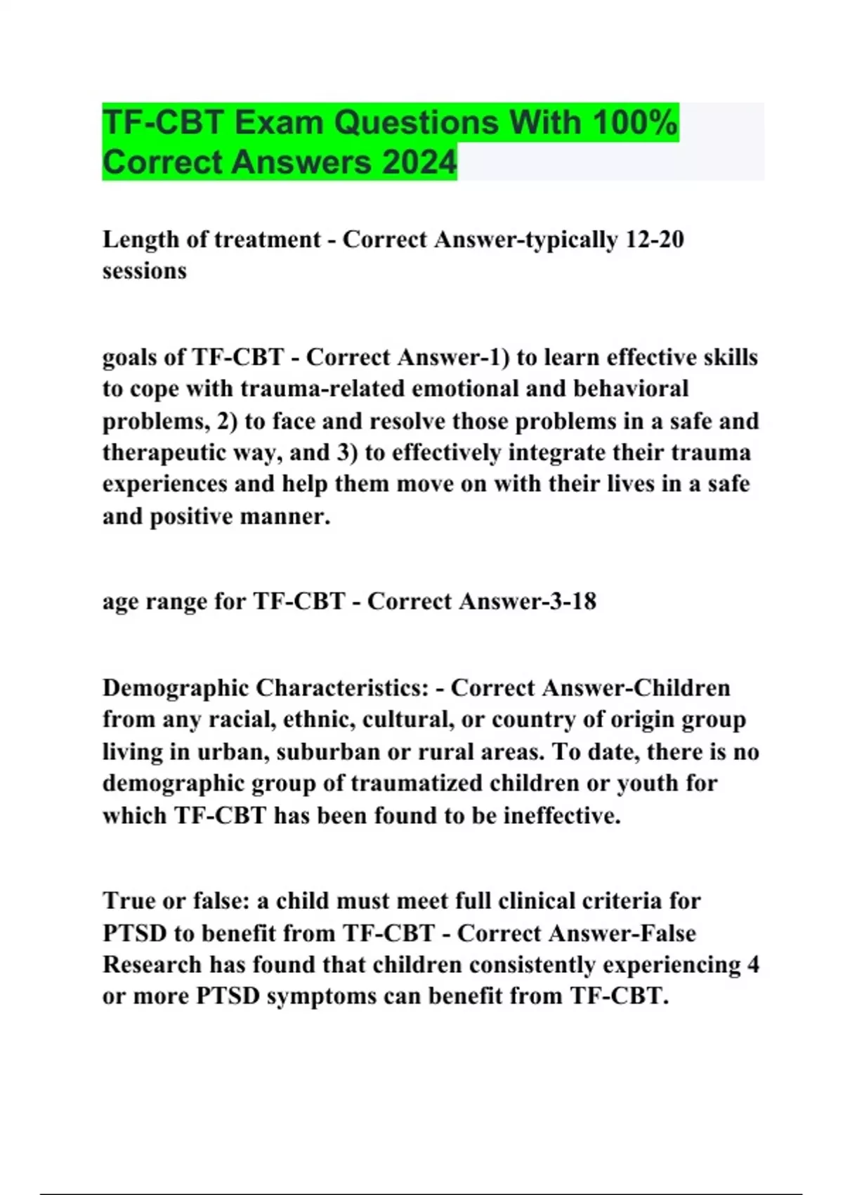 TF-CBT Exam Questions With 100% Correct Answers 2024 - TF-CBT - Stuvia US
