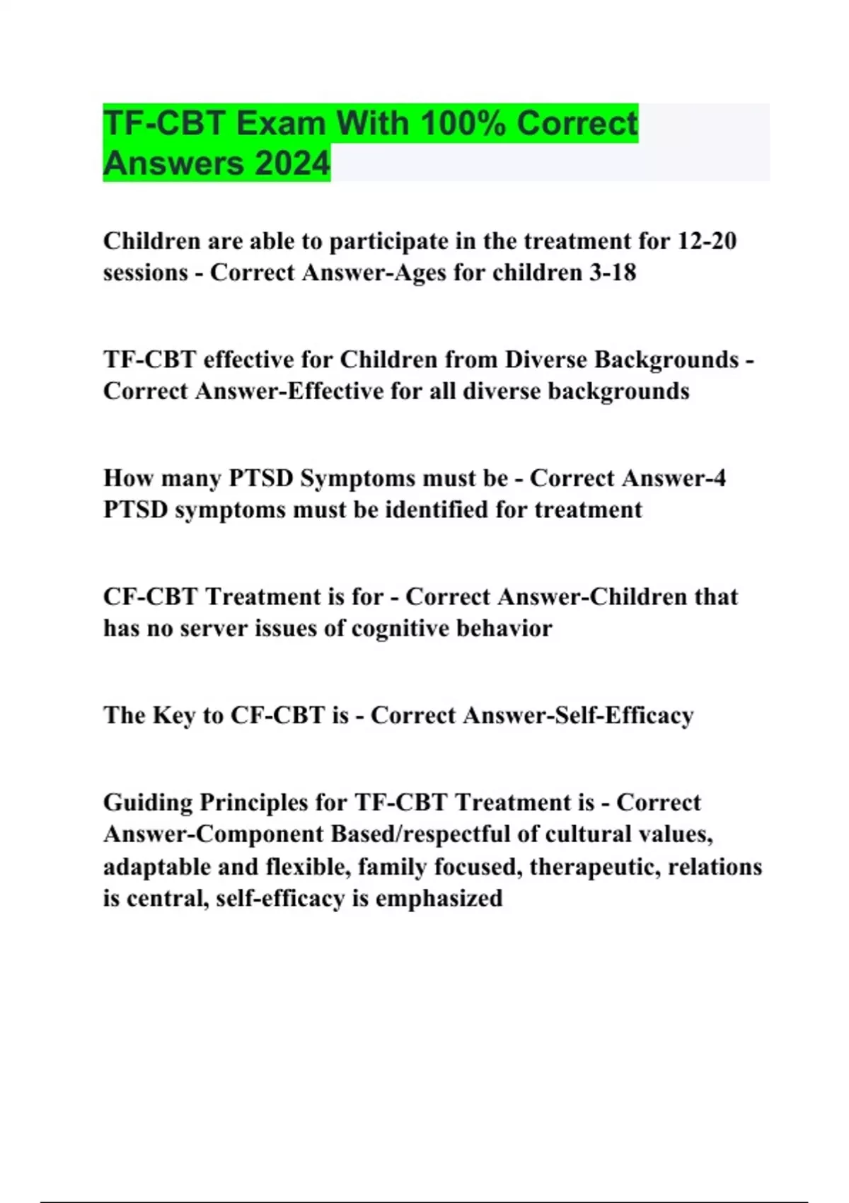 TF-CBT Exam With 100% Correct Answers 2024 - TF-CBT - Stuvia US