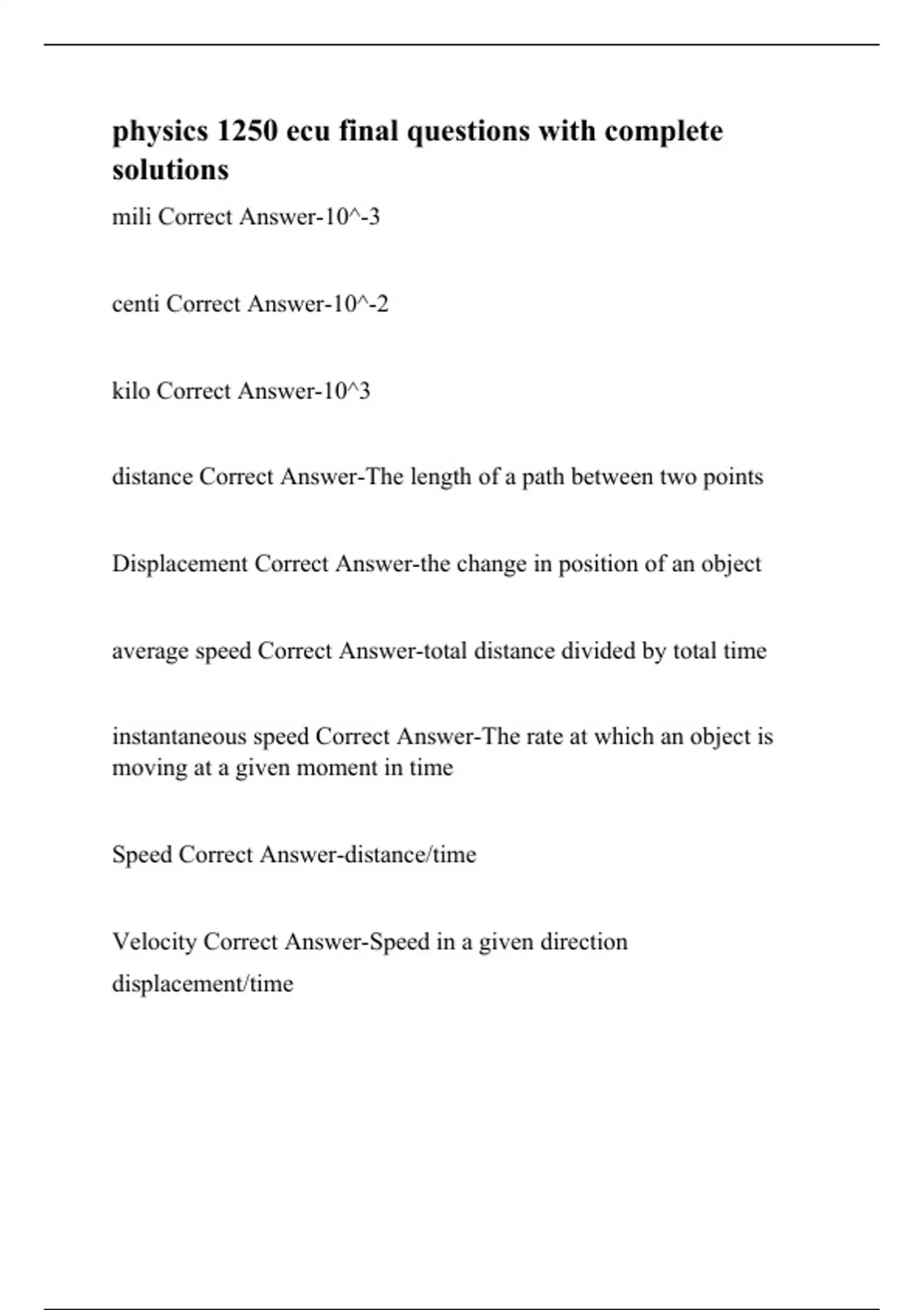physics 1250 ecu final questions with complete solutions - Physics 1250 - Stuvia US